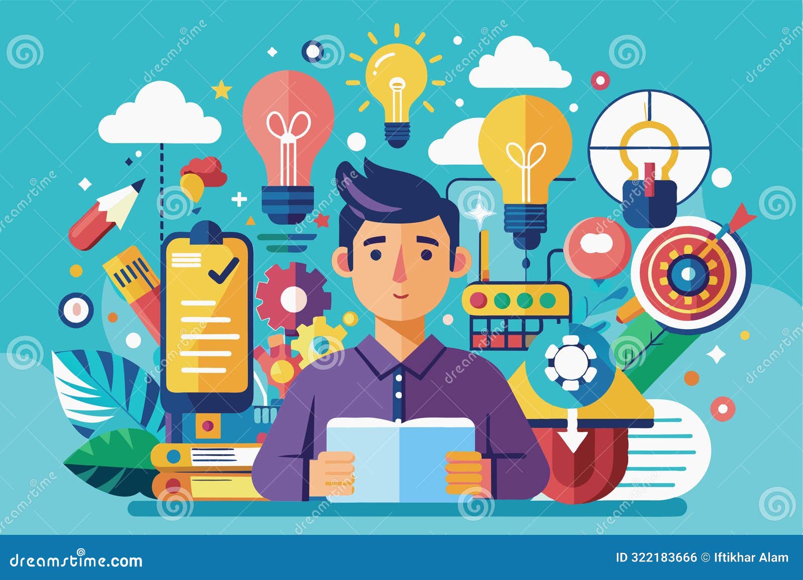 Man Reading Book with Light Bulbs, Gears, Checklist, and Target Symbols ...