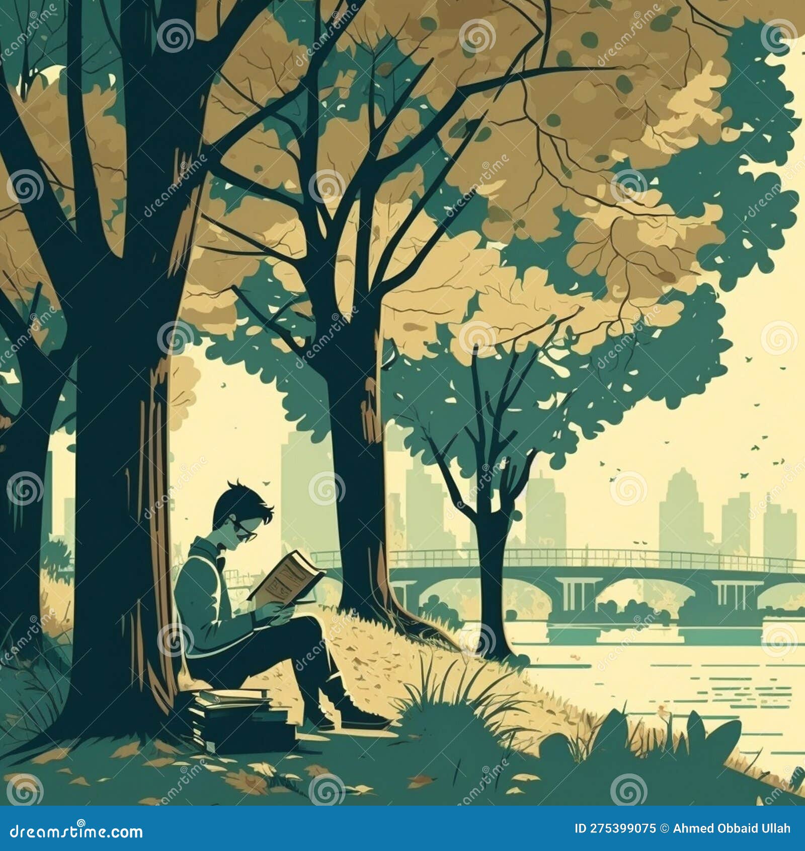 Man Reading A Book In The Park Vector Illustration In Retro Style