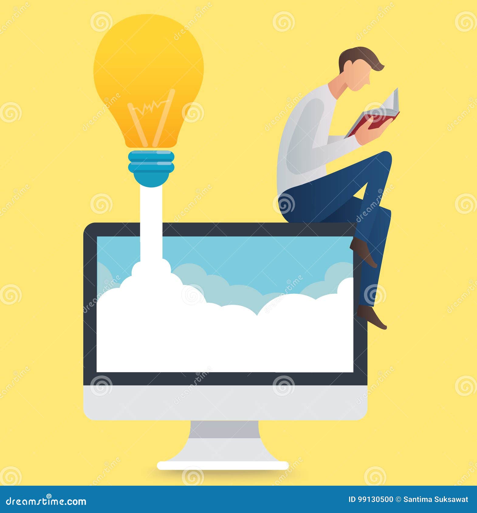 Man Reading Book Sitting on a Computer and Light Bulb Vector Stock ...