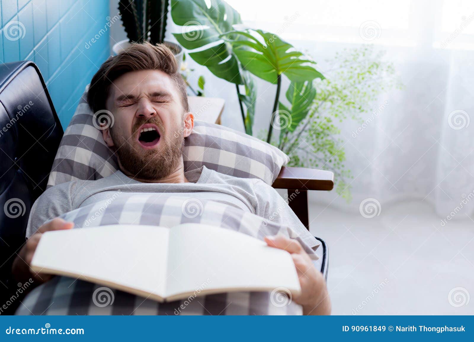 Man Reading Book with Yawn Sleep. Stock Image - Image of house, leisure ...