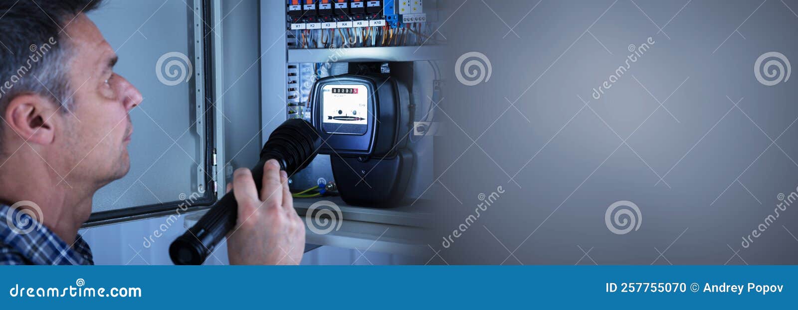 Man Reading Electric Meter with Flashlight Stock Photo - Image of ...