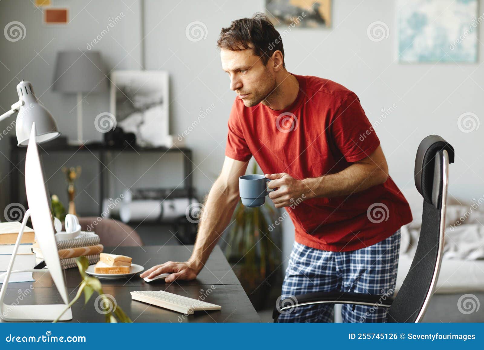 Man Reading Email on Computer in the Morning Stock Photo - Image of ...