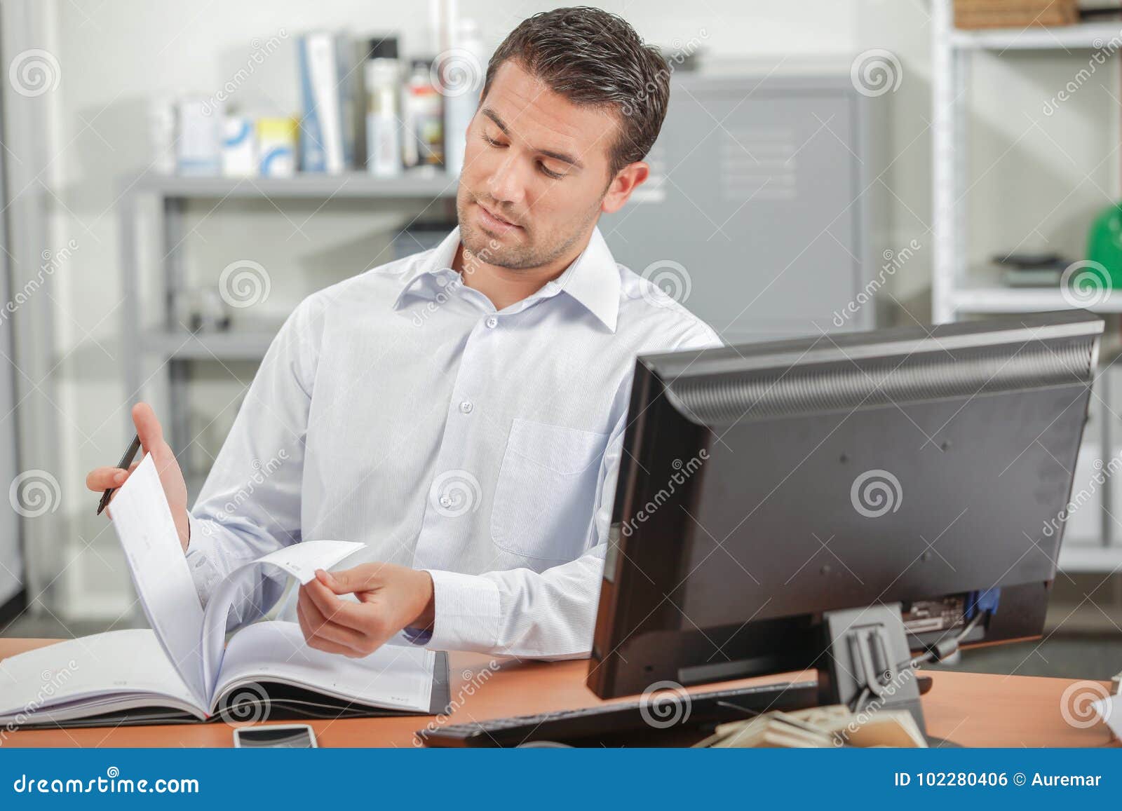 Man reading at desk stock photo. Image of happy, knowledge - 102280406