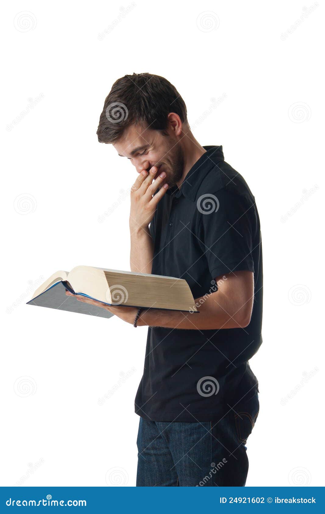 Man Reading from a Large Book and Laughing Stock Photo - Image of ...