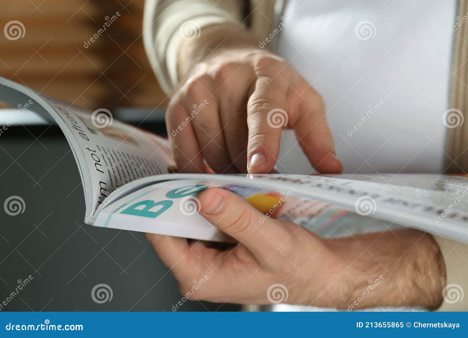 Man Reading Modern Magazine Indoors, Closeup View Stock Image - Image ...