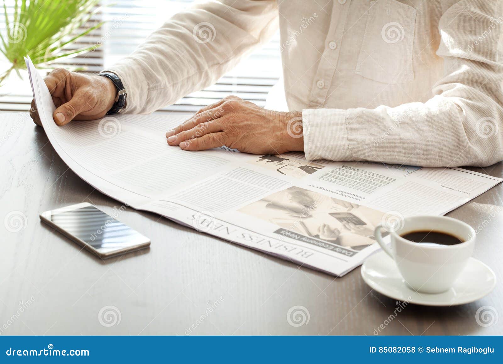 Man Reading Newspaper on Table Stock Photo - Image of journal, reader ...