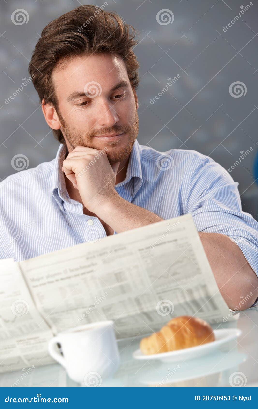 Man Reading Paper at Breakfast Stock Image - Image of eating, color ...