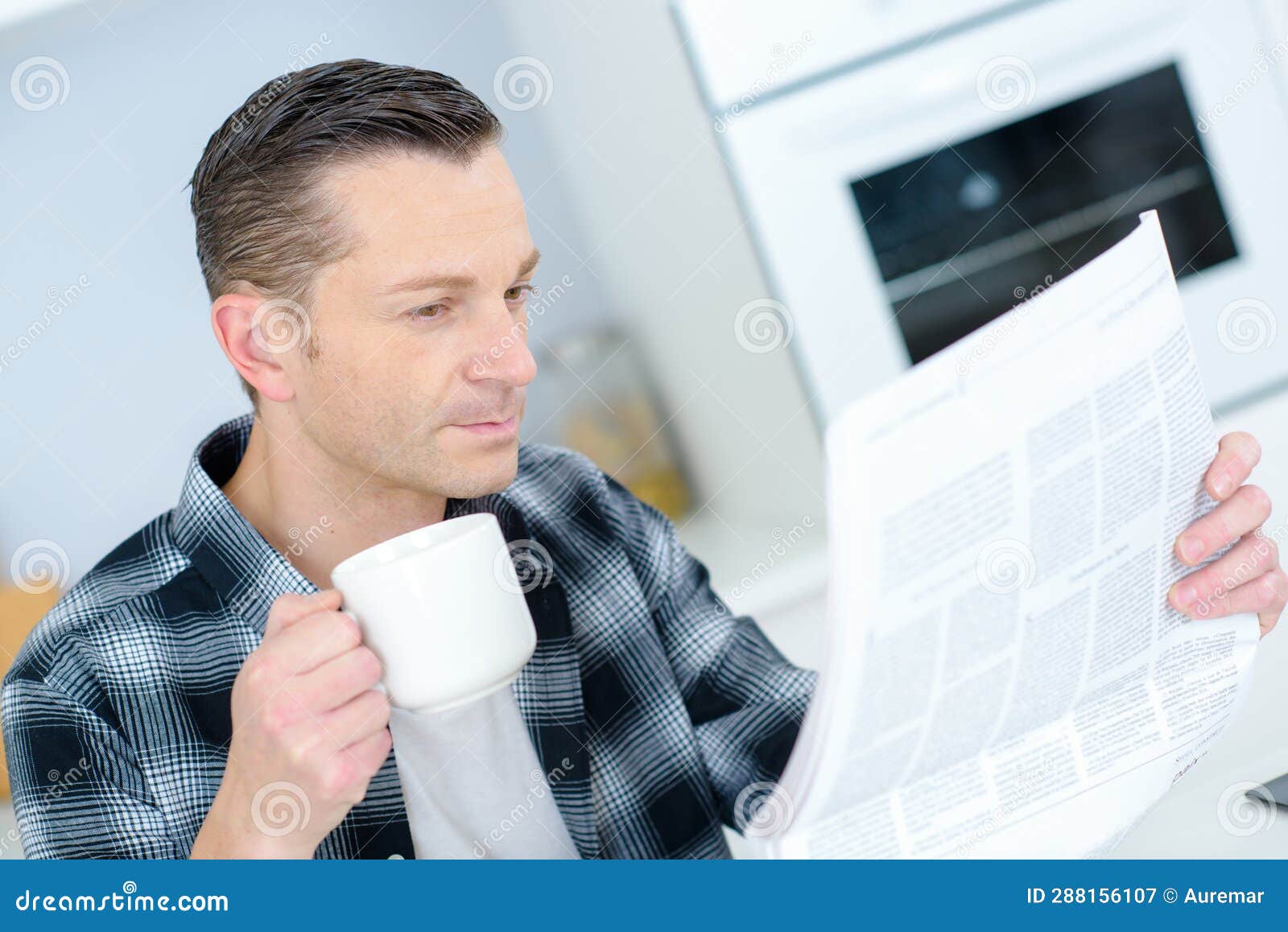 Man Reading Paper Holding Cup Stock Image - Image of coffee ...