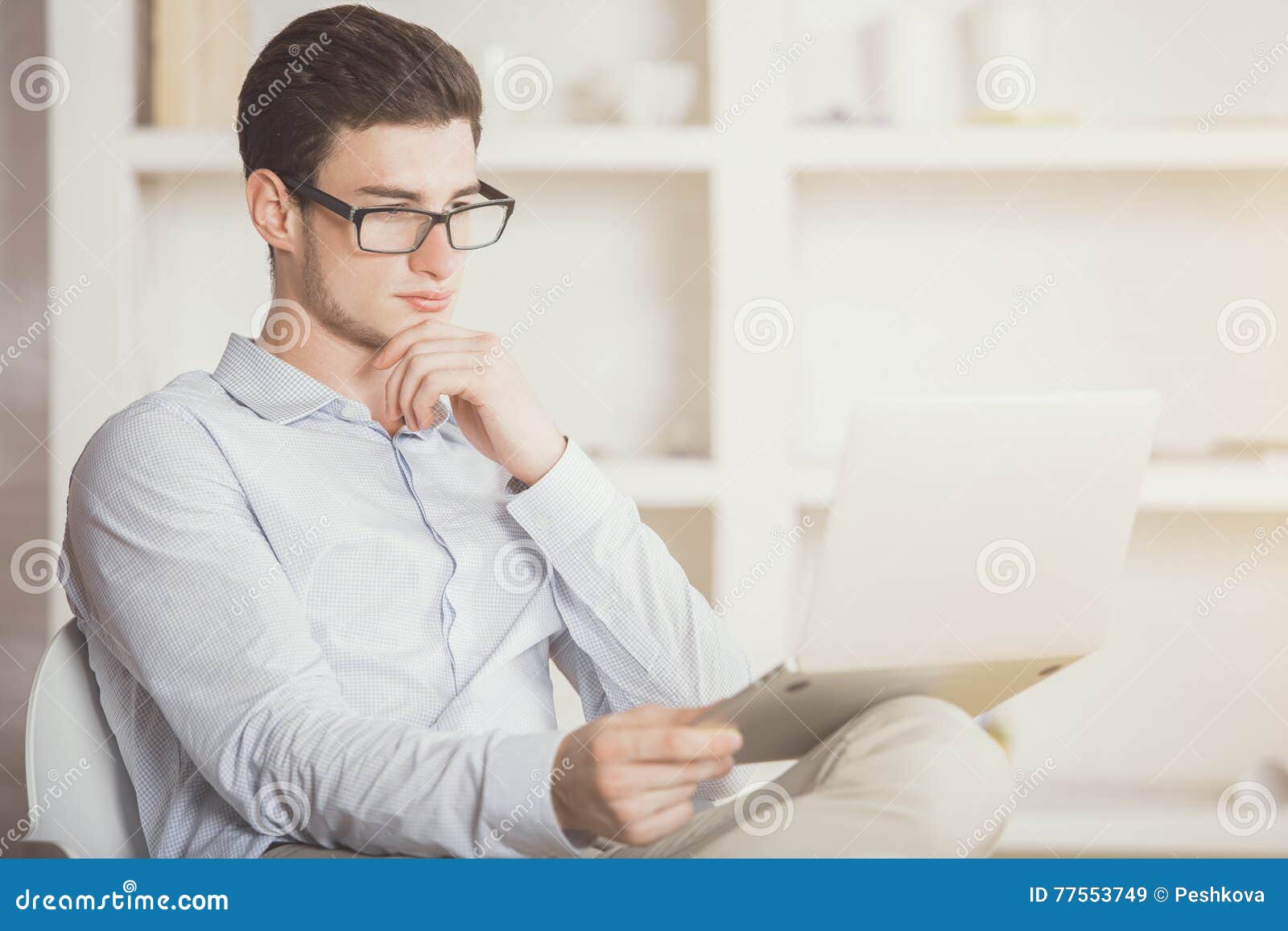 Man Reading Something on Laptop Screen Stock Image - Image of corporate ...