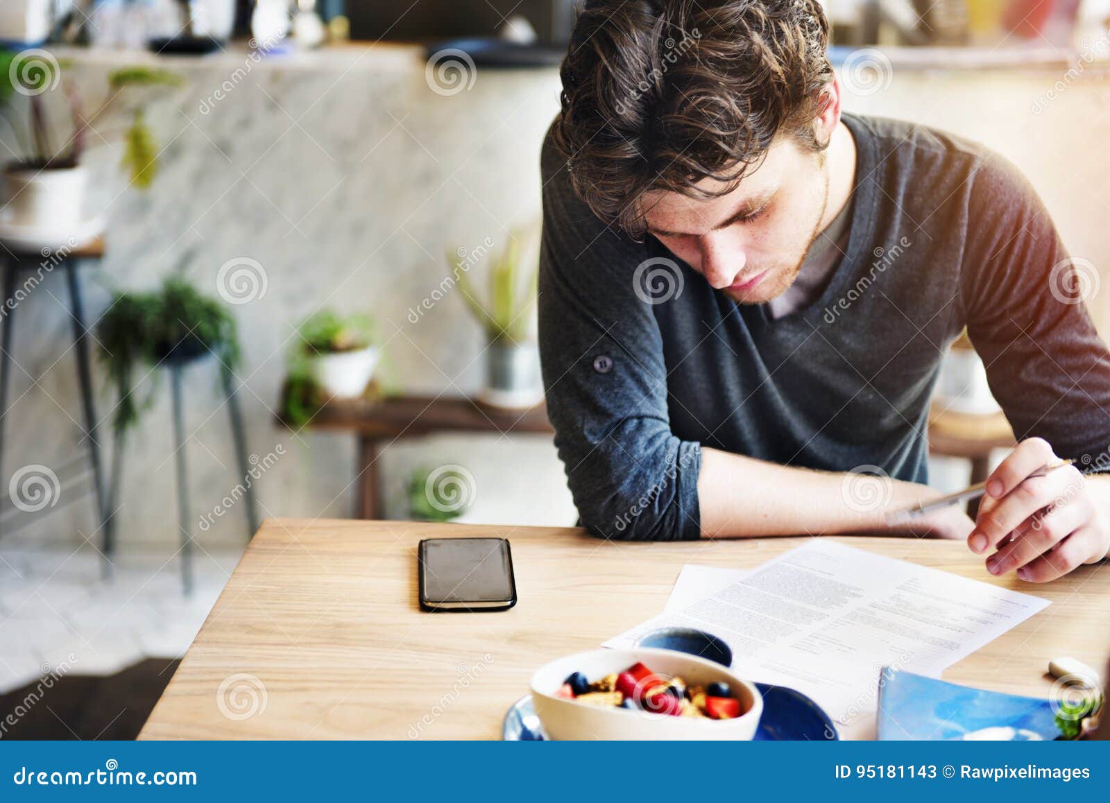 Man Reading Writing Research Thinking Cafe Restaurant Concept Stock ...