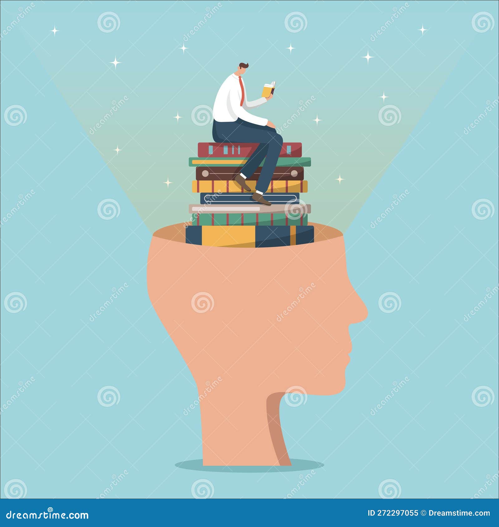 Man Reads a Book and Sits in a Head Stock Vector - Illustration of mind ...