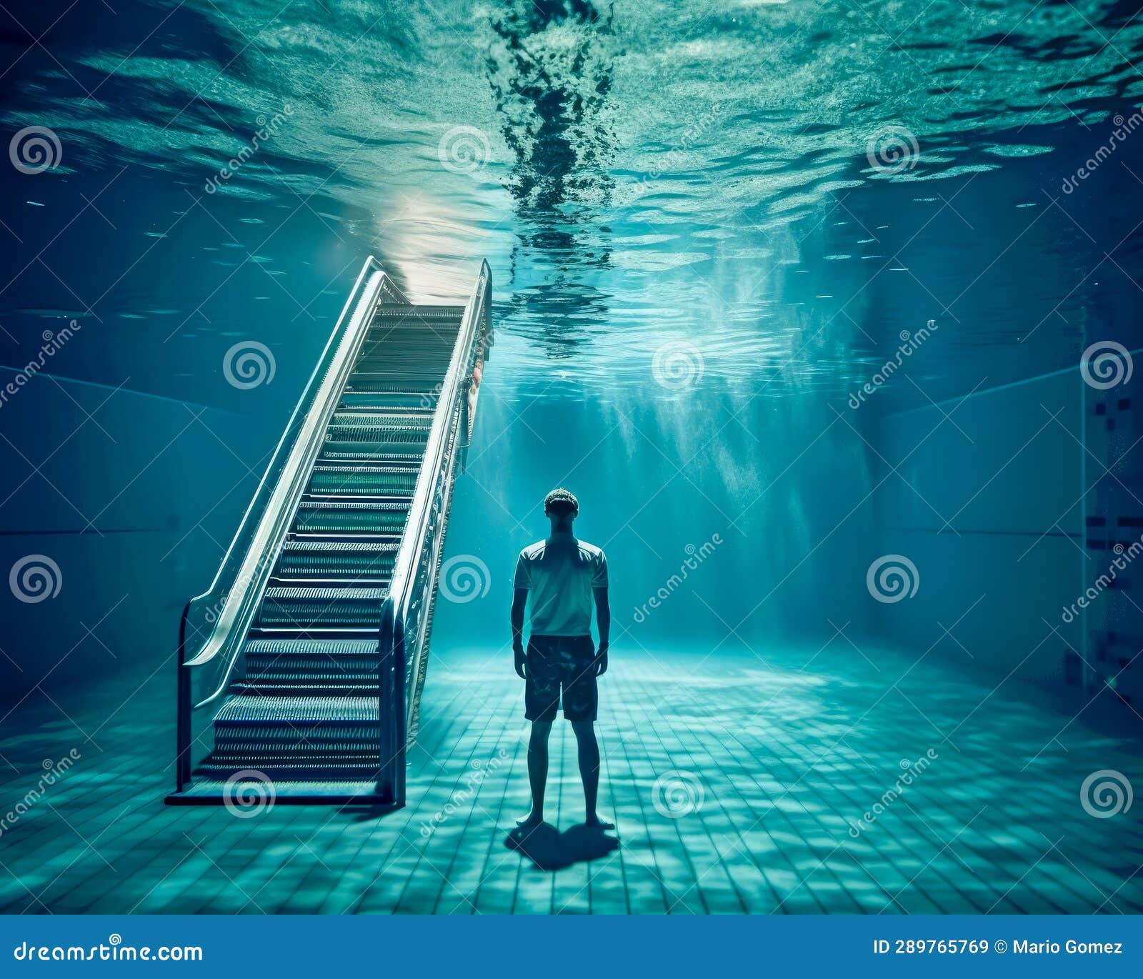 Man Ready To Climb an Escalator at the Bottom of a Swimming Pool ...