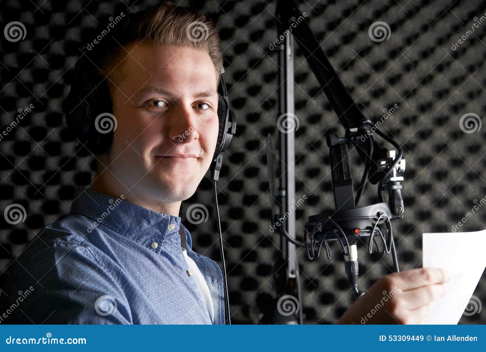 Man in Recording Studio Talking into Microphone Stock Image - Image of ...