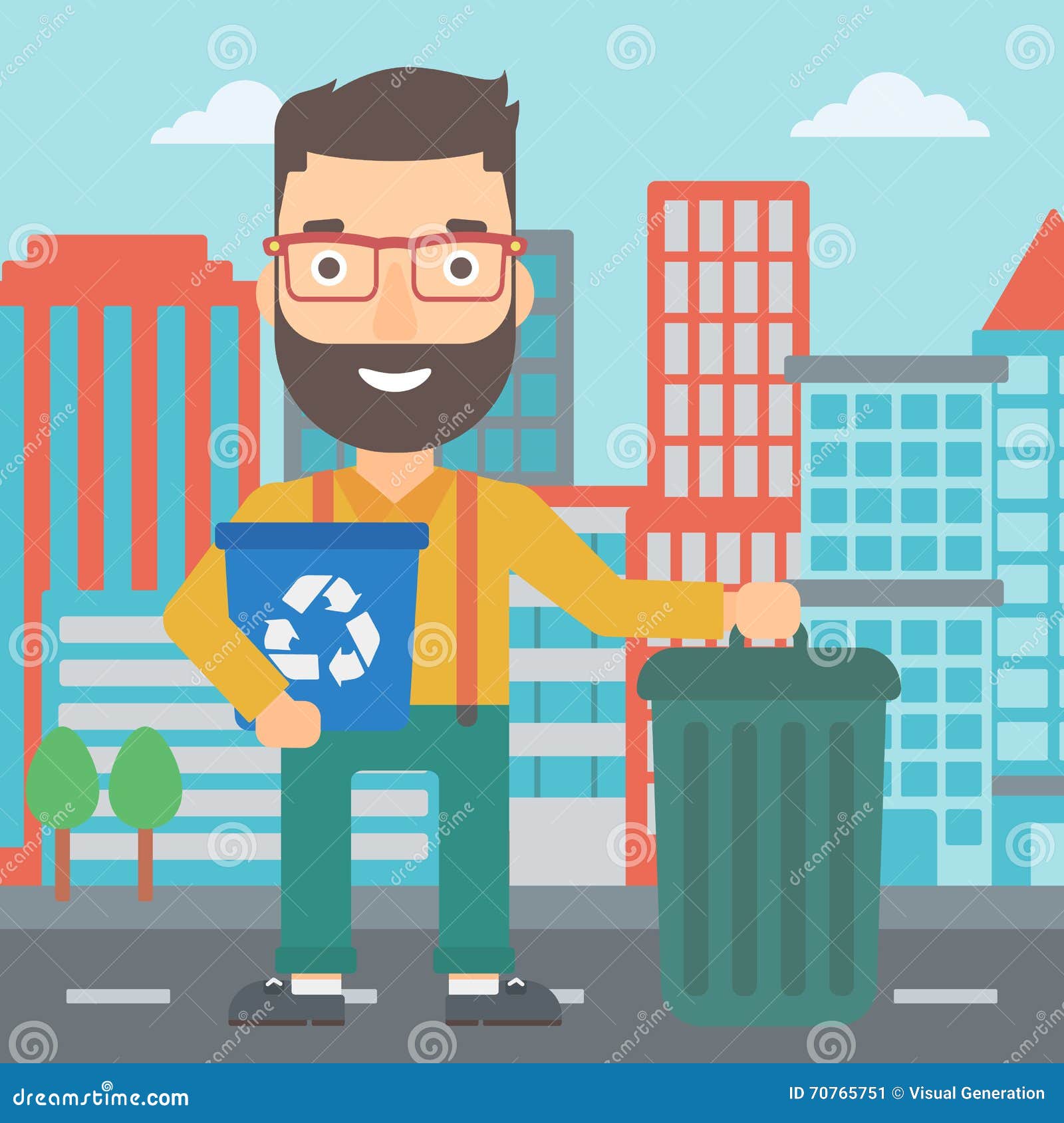 Man with recycle bins. stock vector. Illustration of person - 70765751