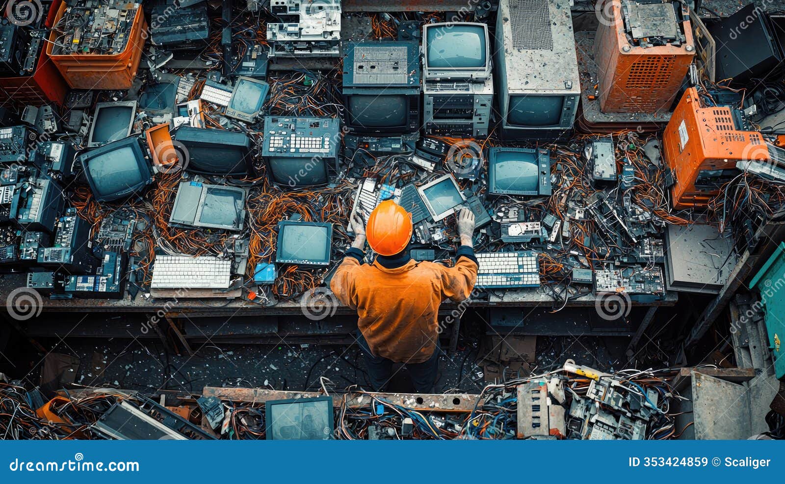 Man Recycling Old Electronics In E-waste Facility With Vintage Tvs And ...