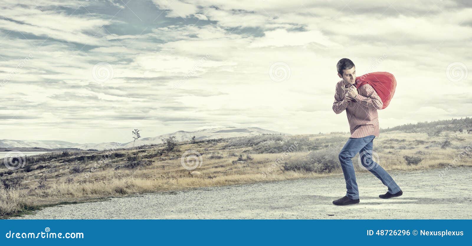 Man with red bag stock photo. Image of december, pack - 48726296