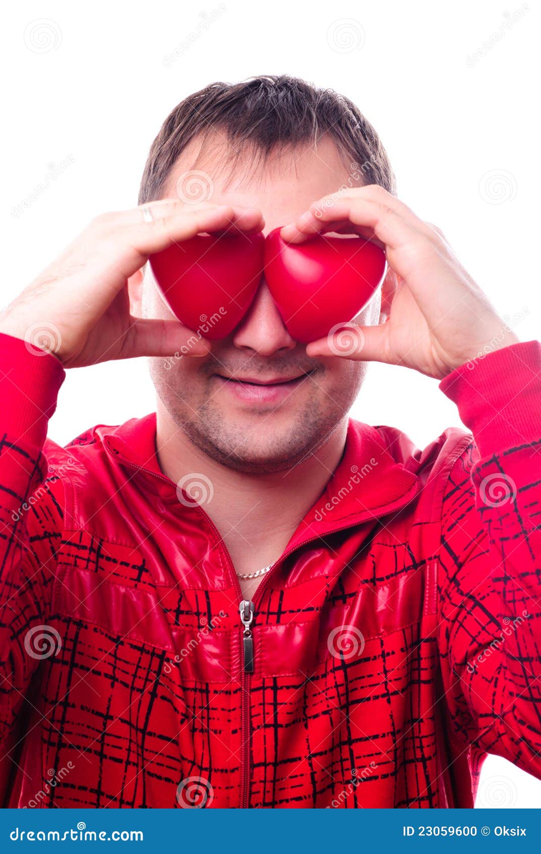 Man with red heart-shapes stock photo. Image of isolated - 23059600
