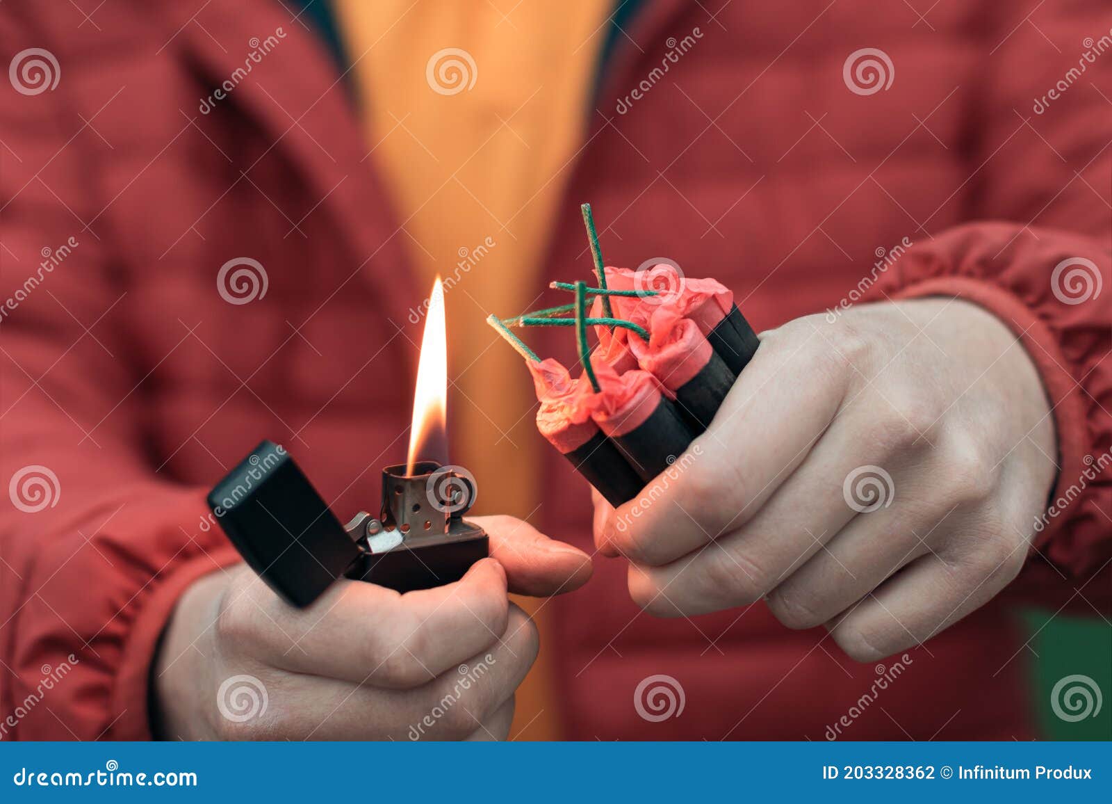 Man in Red Jacket Lighting Up Several Firecrackers Stock Photo - Image ...