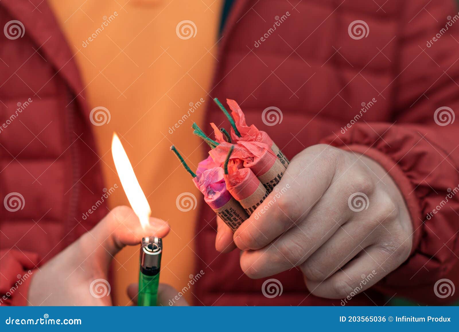 Man in Red Jacket Lighting Up Several Firecrackers Stock Photo - Image ...