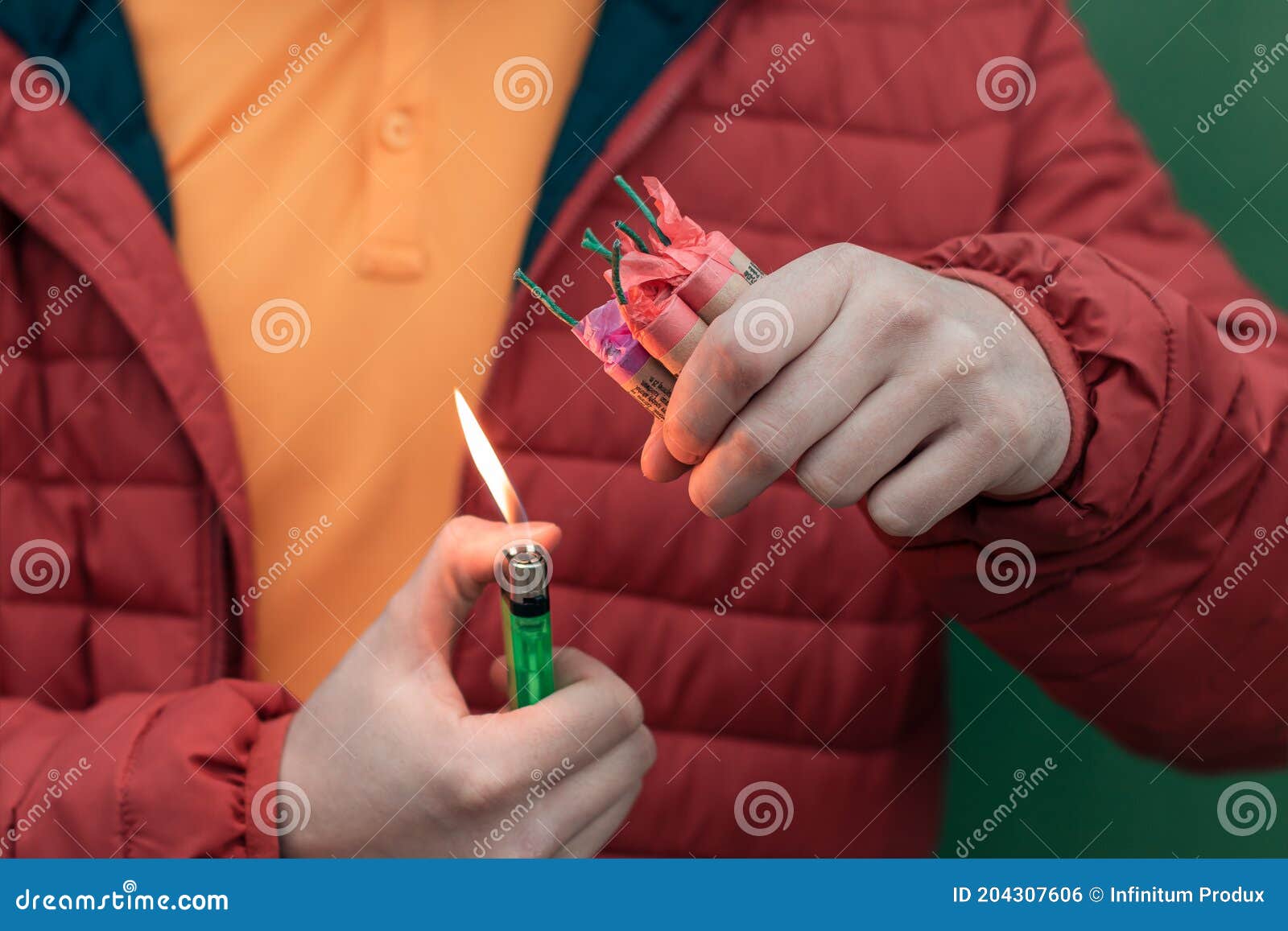 Man in Red Jacket Lighting Up Several Firecrackers Stock Photo - Image ...