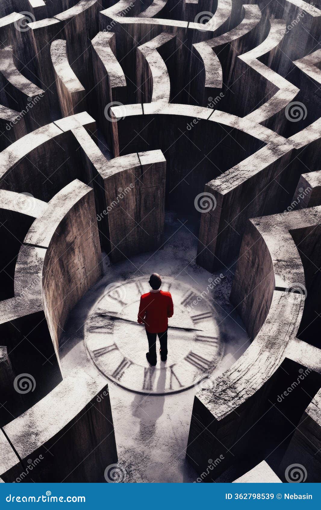 Man in Red Jacket Standing in Clock Maze Symbolizing Time and Decision ...