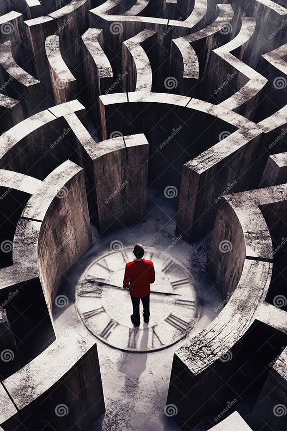 Man in Red Jacket Standing in Clock Maze Symbolizing Time and Decision ...