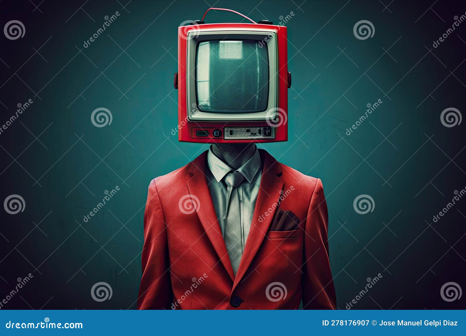A Man in a Red Jacket with a Television Head, in the Style of the 1970s ...