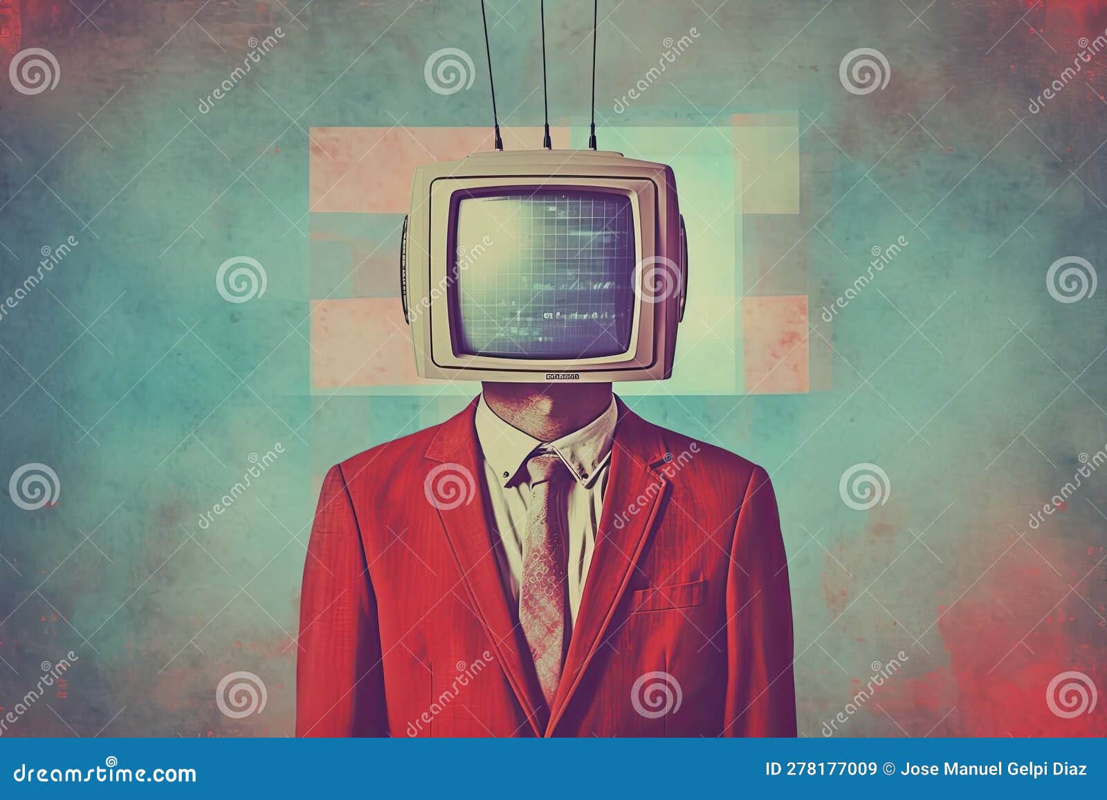 A Man in a Red Jacket with a Television Head, in the Style of the 1970s ...