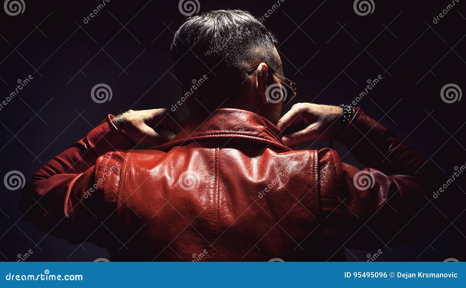 Man in Red Leather Jacket stock photo. Image of move - 95495096