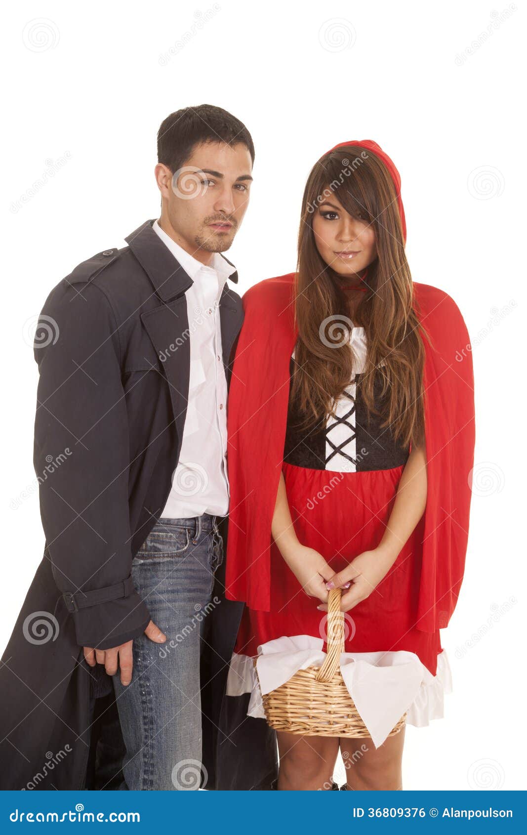 Man and Red Riding Hood with Basket Looking Stock Photo - Image of lady ...
