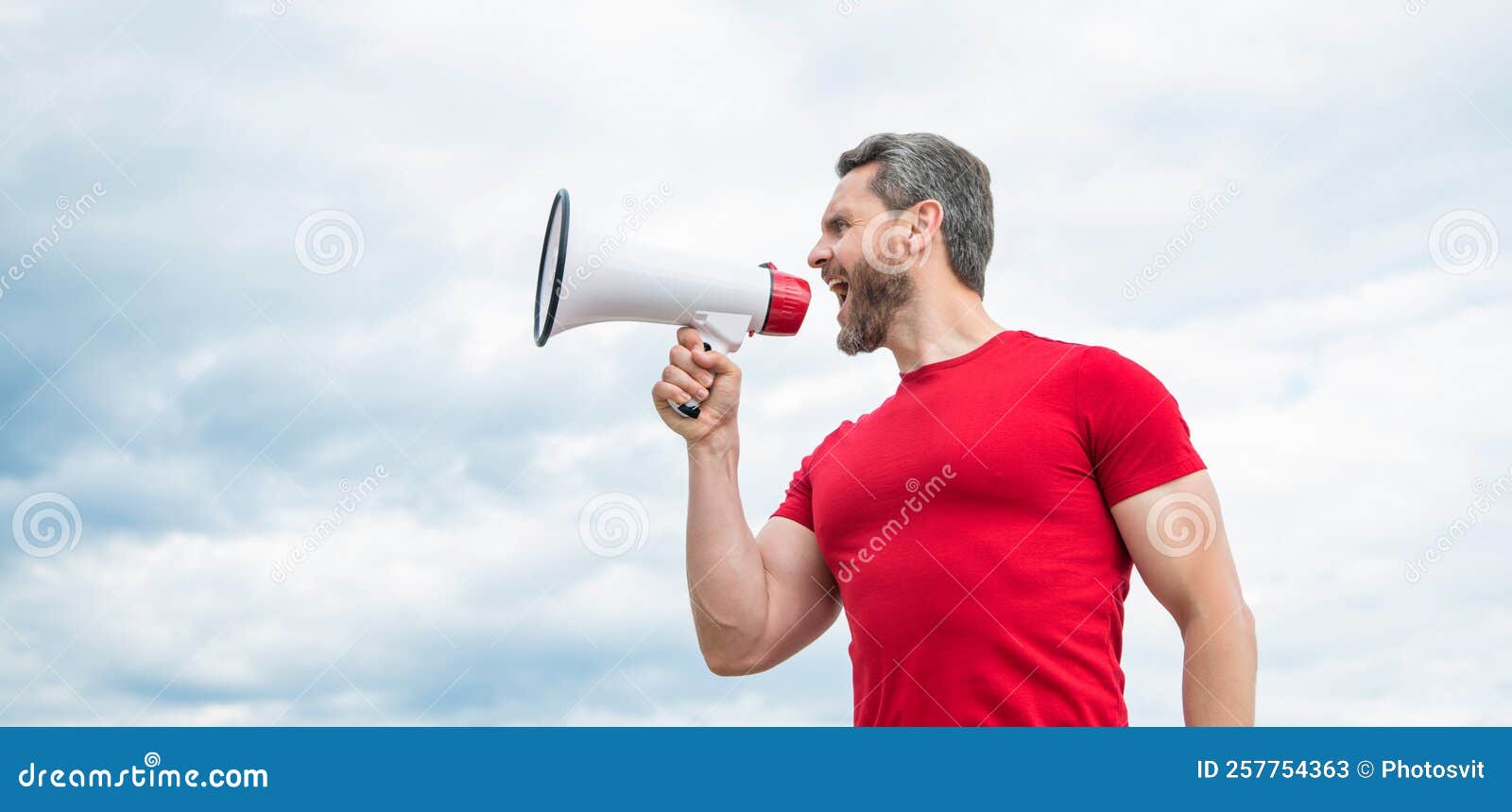 Man in Red Shirt Shout in Loudspeaker on Sky Background Stock Image ...
