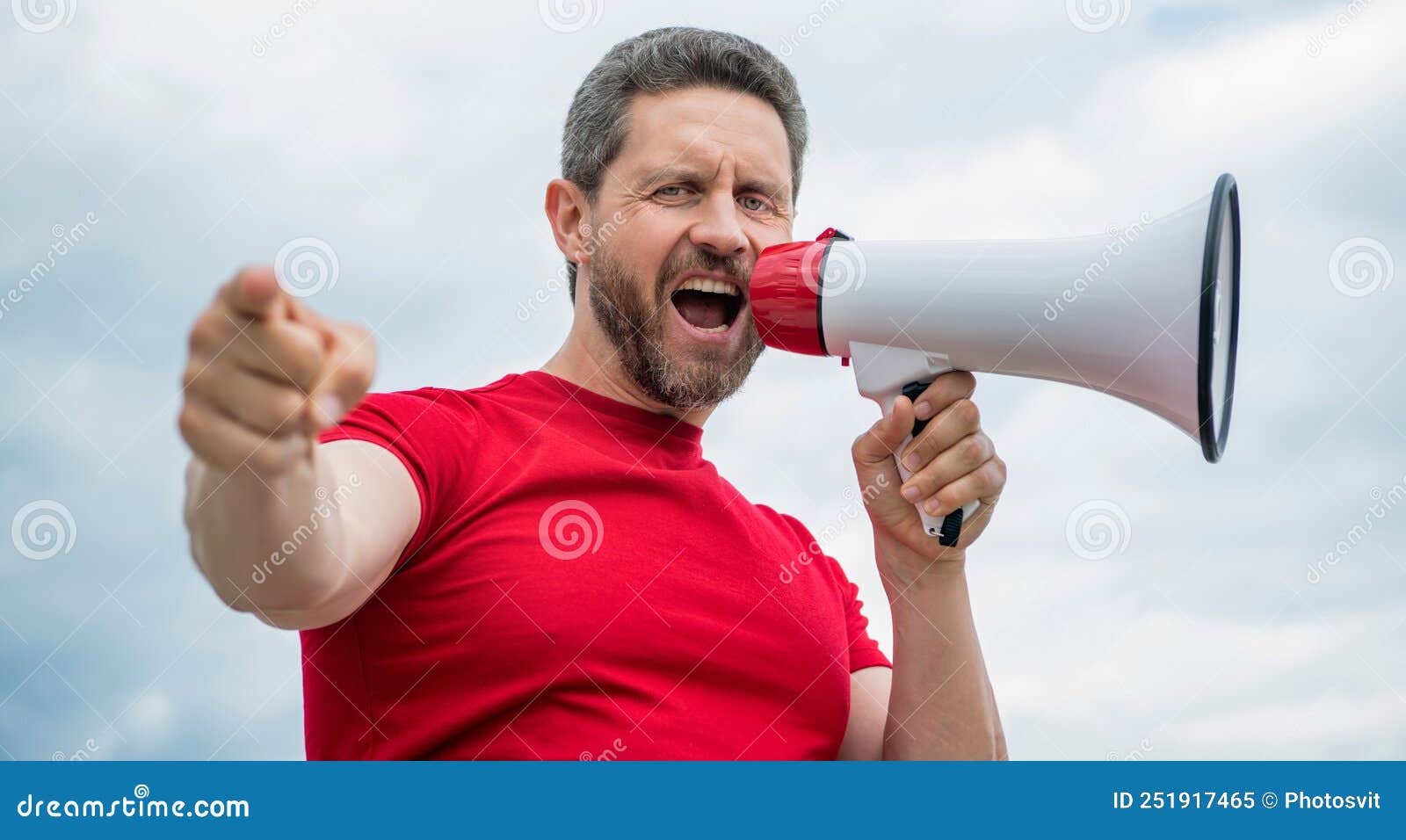 Man in Red Shirt Shout in Loudspeaker on Sky Background. Vacancy Stock ...