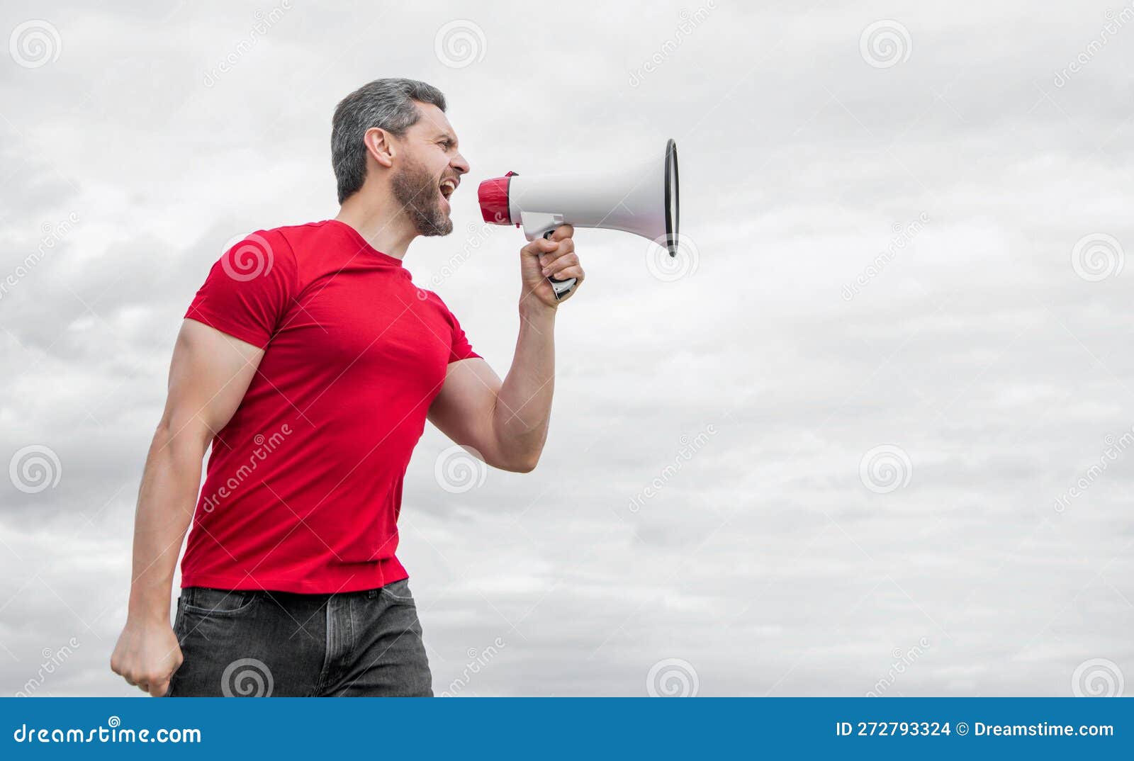 Man Shouting Into Loudspeaker And Modern Blue Icons And Symbols Royalty ...