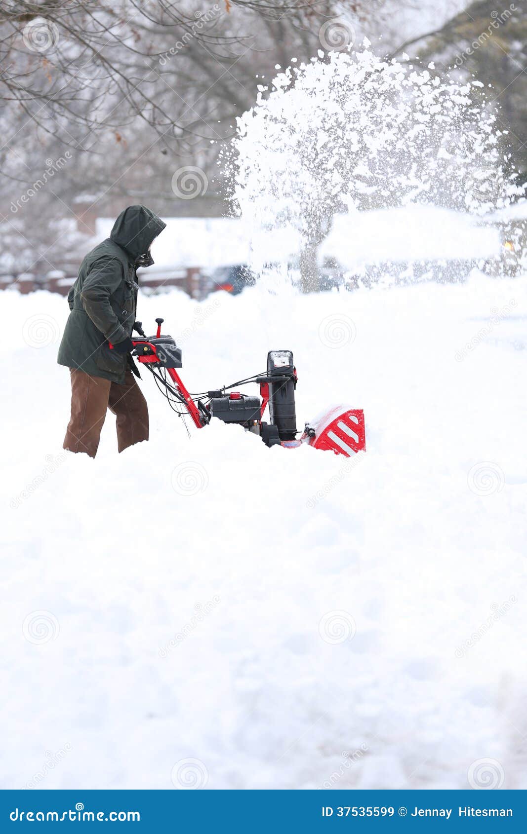 Man with Red Snow Blower stock image. Image of blowing - 37535599