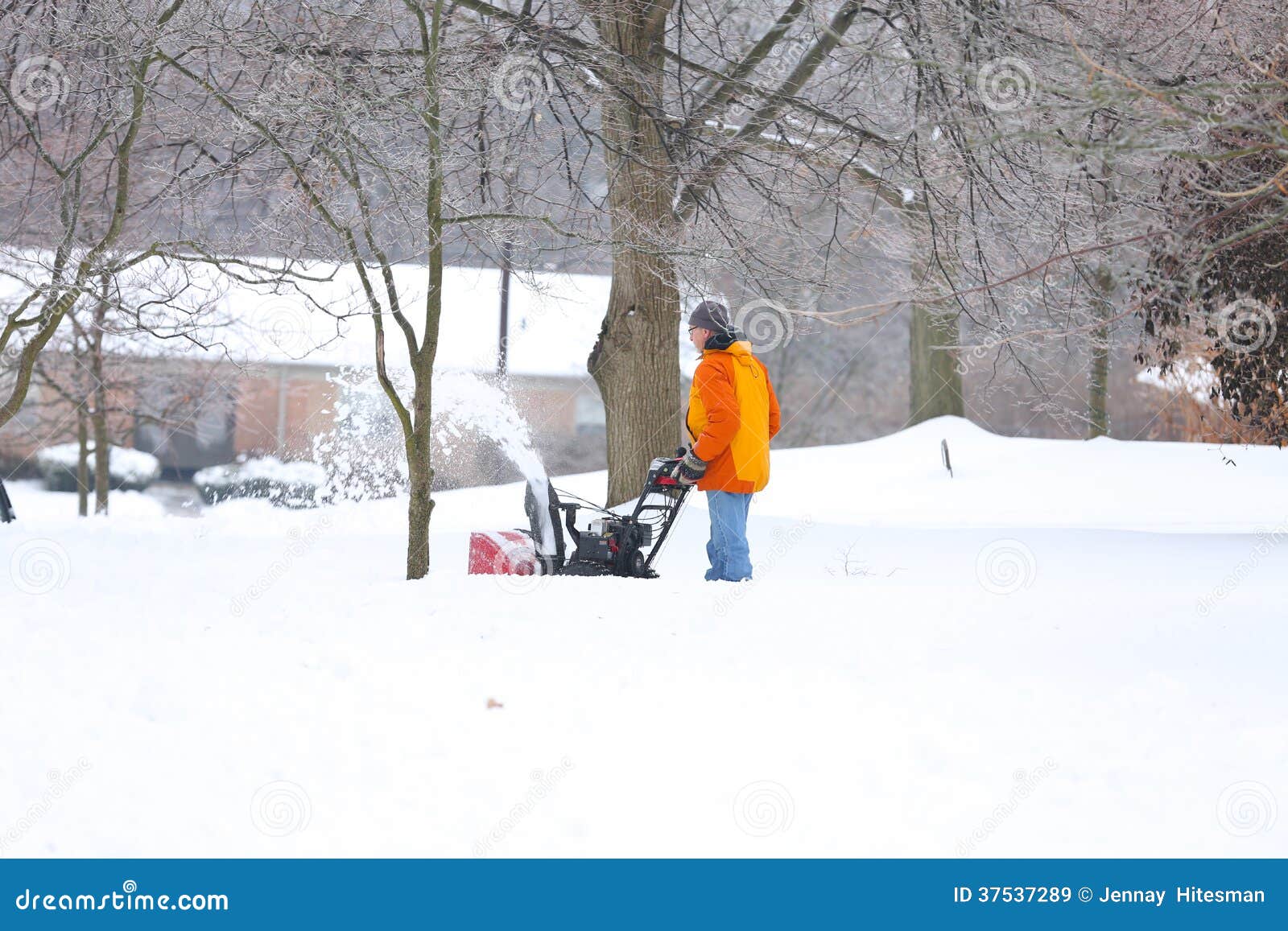 Man with Red Snow Blower editorial stock image. Image of clearing ...