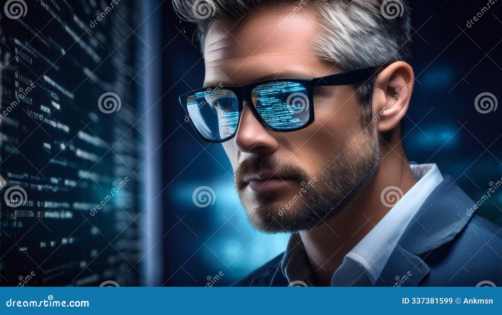 Man and Reflection in Glasses: Focused on Cyber Security Programming Stock Illustration ...