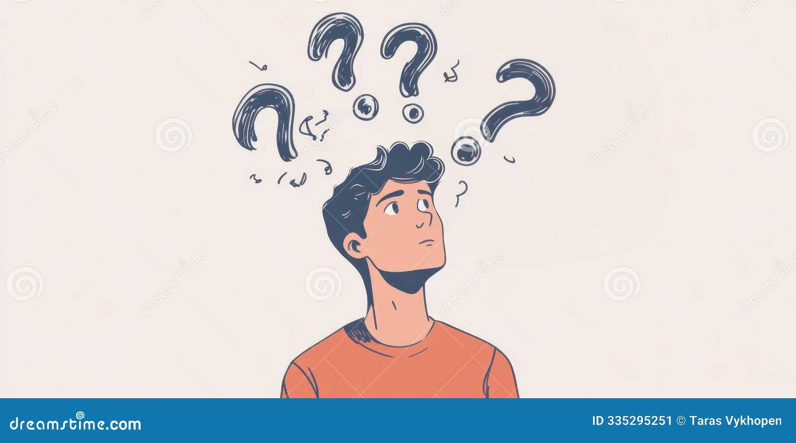 A Man Reflects Deeply with Question Marks Hovering Overhead in a Hand ...