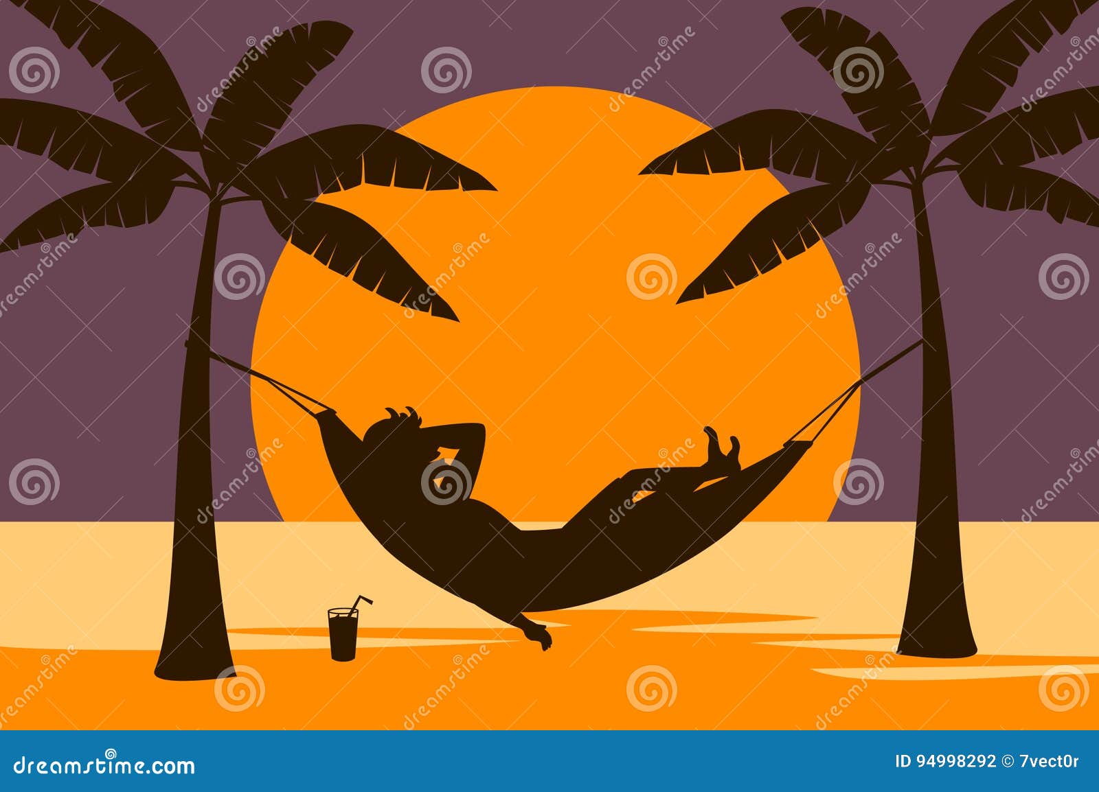 Man Relaxing in Hammock on the Beach at Sunset Stock Vector ...
