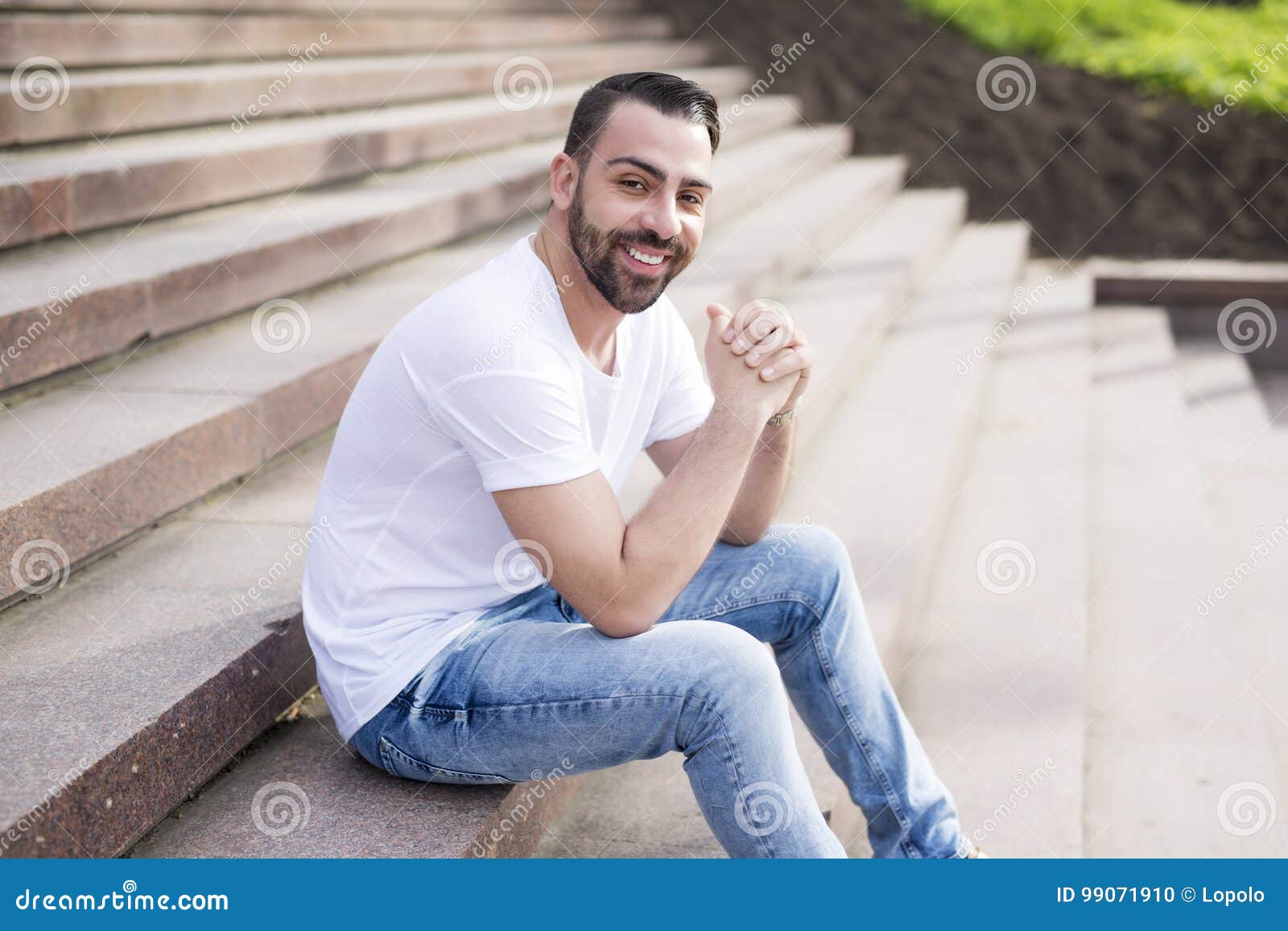 Man Relaxing Outside. Waiting on the Stair Stock Photo - Image of male ...
