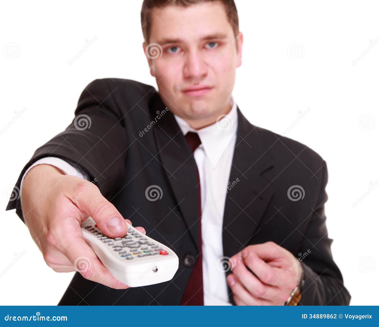 Man with Remote Control Changing Channel Stock Photo - Image of grimace ...