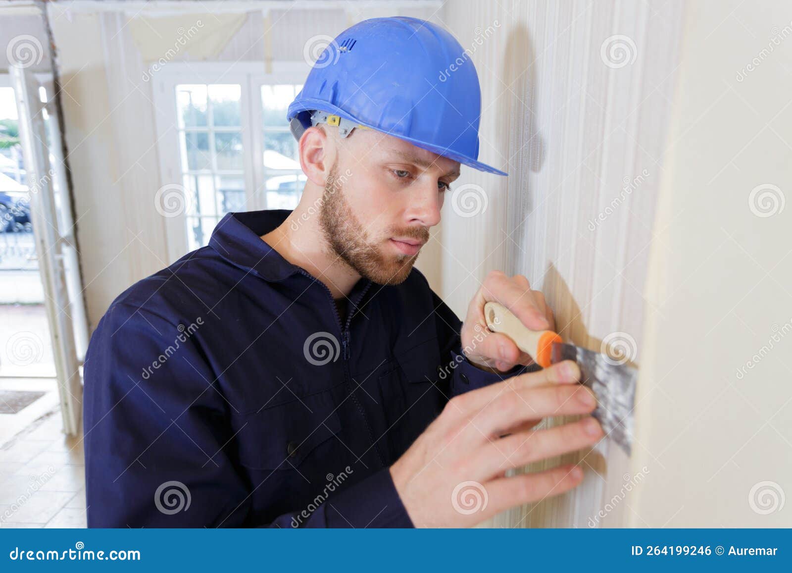 Man Removing Plaster from Wall Indoors Stock Photo - Image of house ...