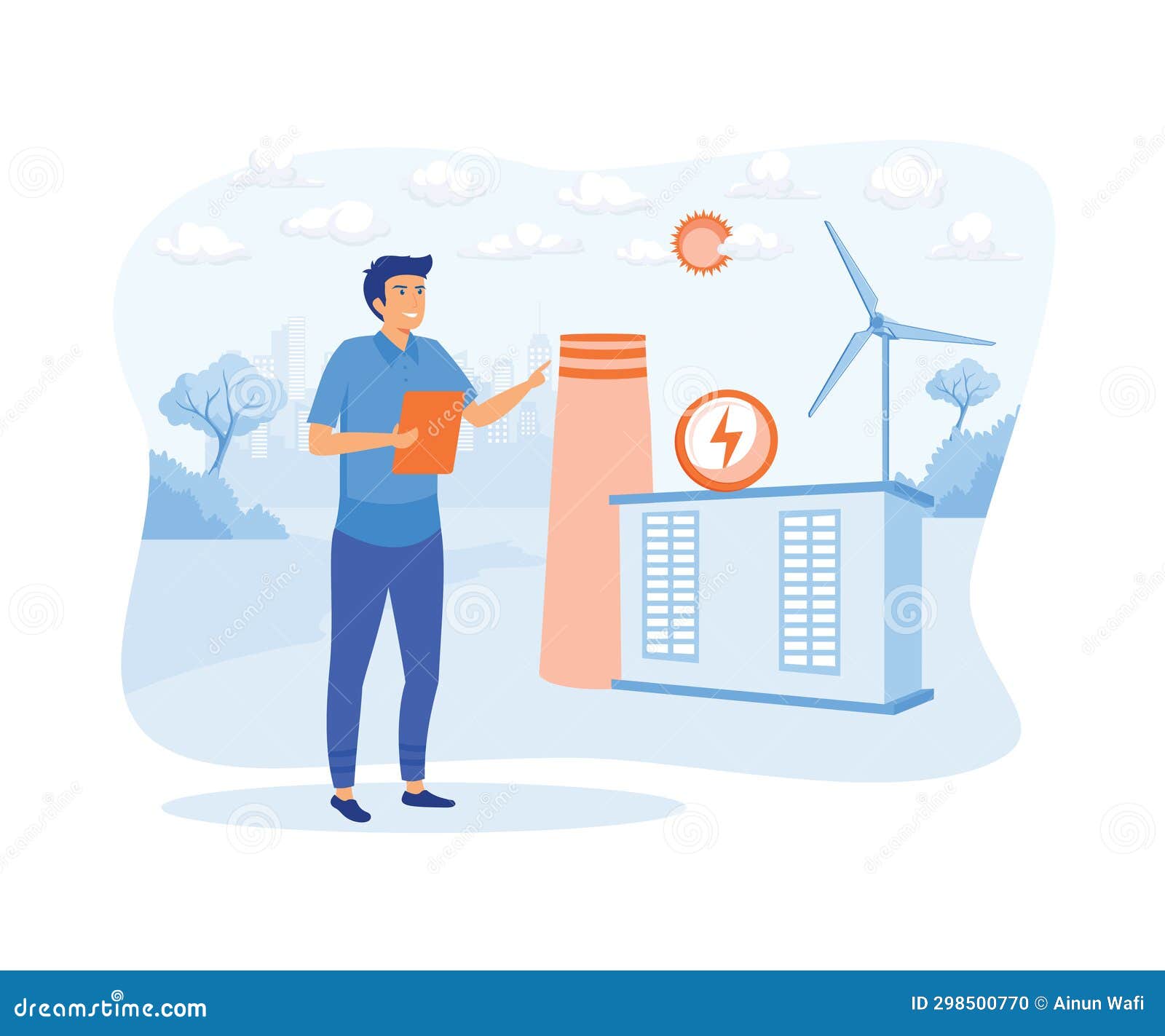 A Man is Renewing Electrical Energy and Natural Resources. Stock Vector ...