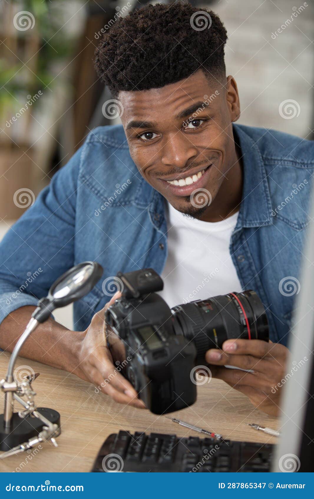 Man Repair Broken Camera Photograph Workplace Stock Image - Image of ...