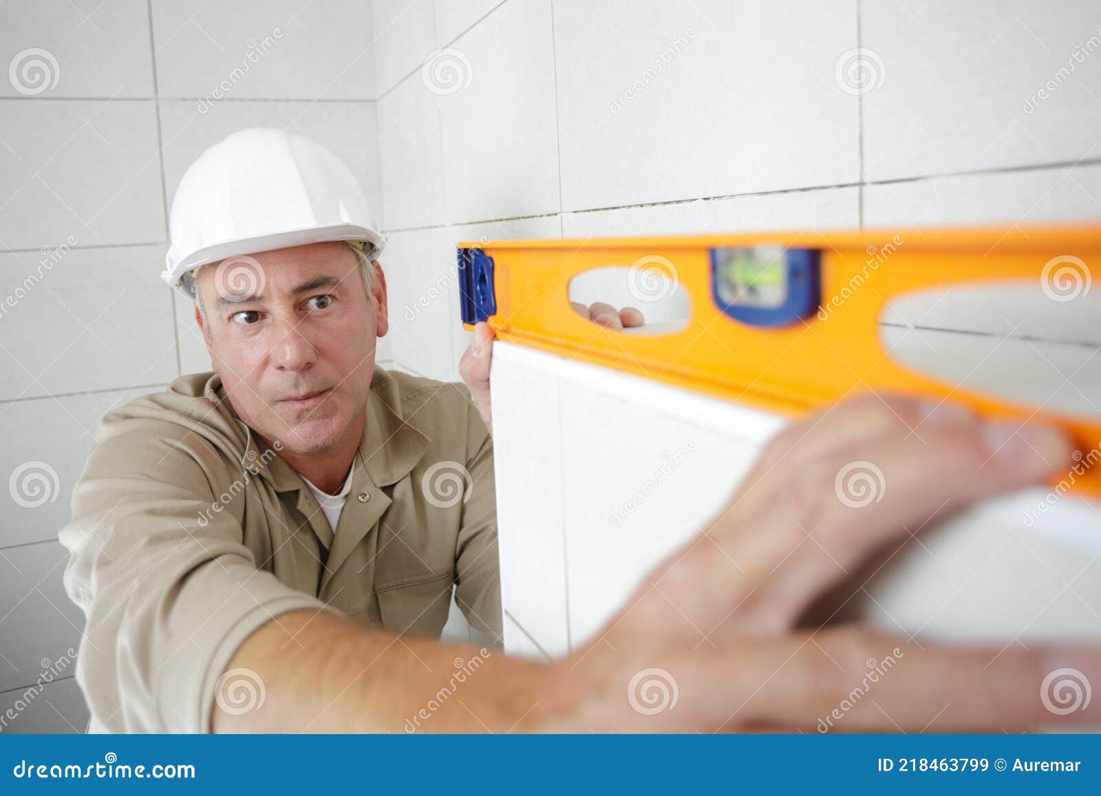 Man Repair Man Measuring Kitchen Cabinet Stock Image - Image of ...