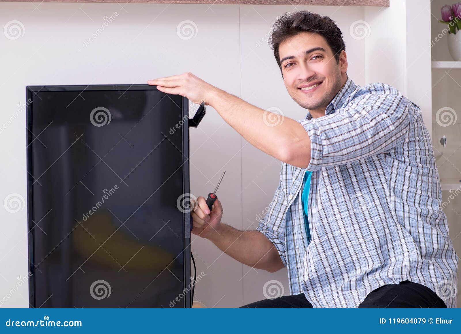 The Man Repairing Broken Tv at Home Stock Image - Image of connection ...