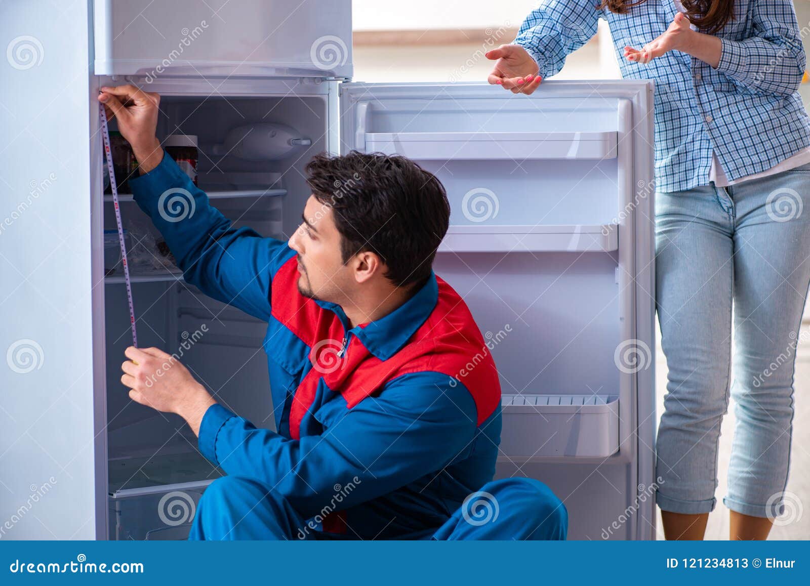 The Man Repairing Fridge with Customer Stock Image - Image of ...