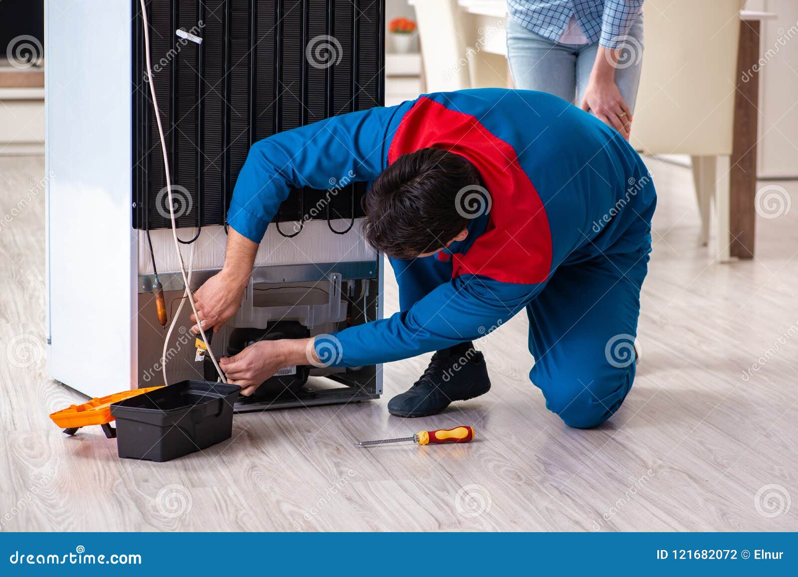 The Man Repairing Fridge with Customer Stock Photo - Image of ...
