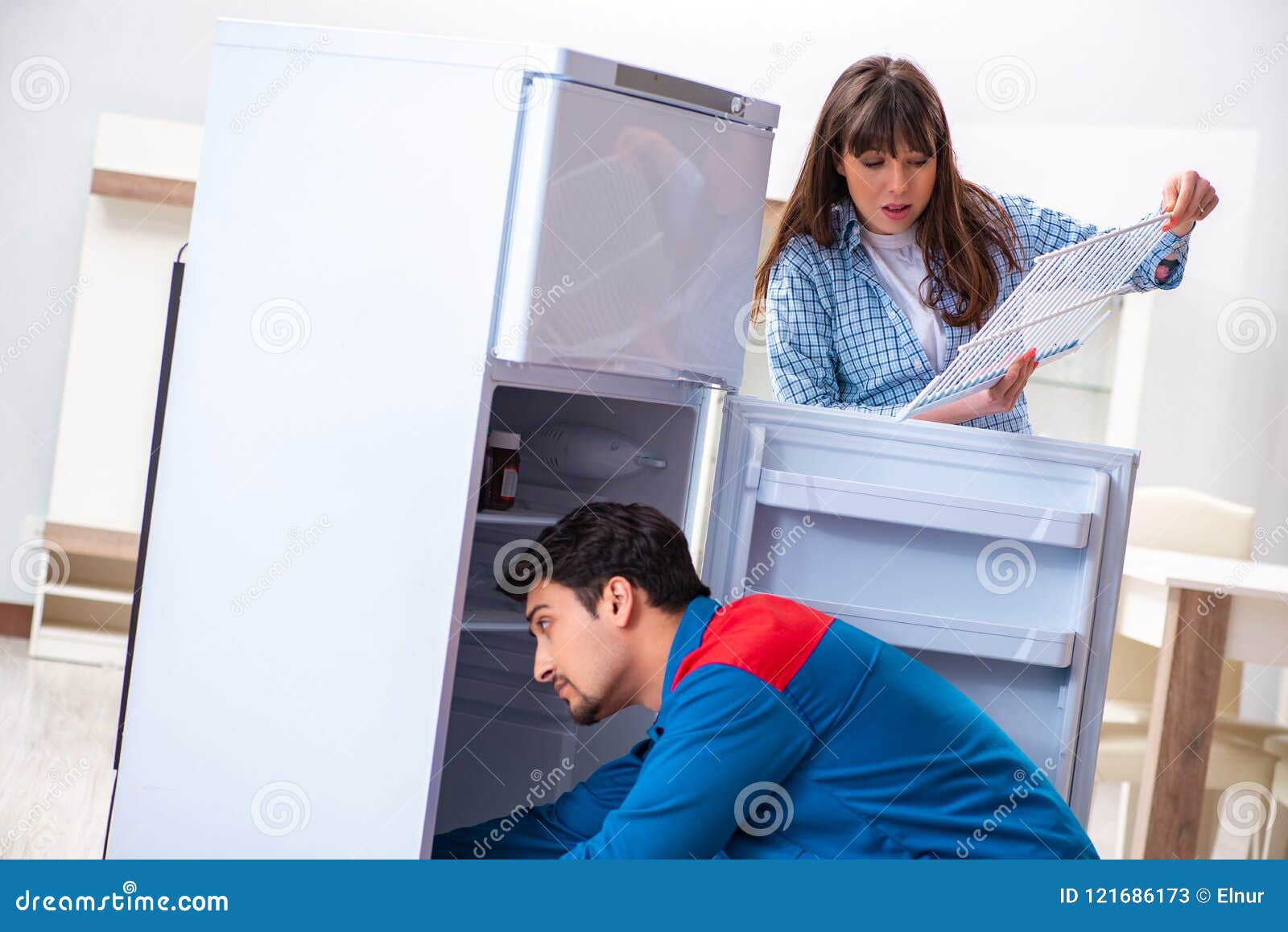 The Man Repairing Fridge with Customer Stock Image - Image of ...
