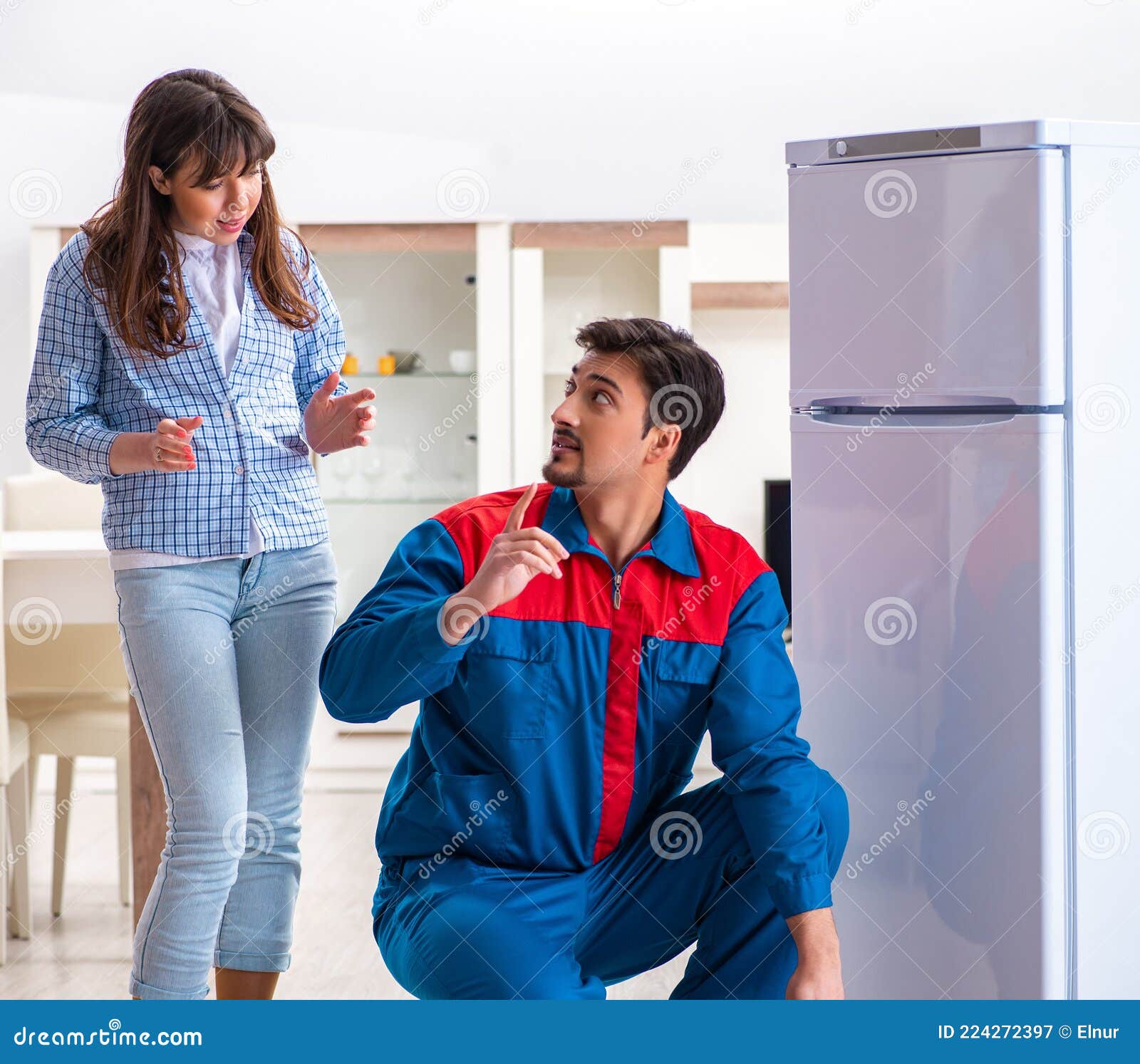 Man Repairing Fridge with Customer Stock Image - Image of mechanic ...