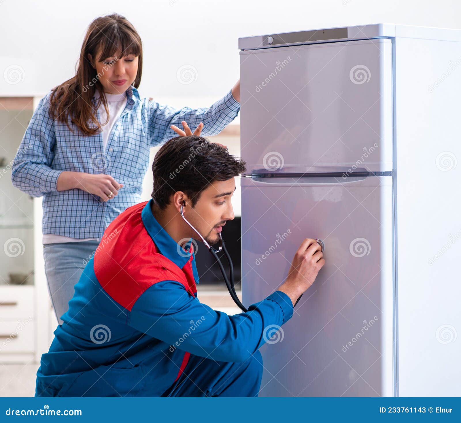Man Repairing Fridge with Customer Stock Image - Image of diagnostic ...